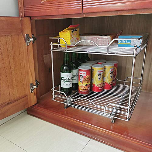 OCG Pull Out Drawer Cabinet Organizer（20" W x 18" D x 16.4" H, 2 Tier Heavy Duty Slide Out Kitchen Cabinet Storage Shelves, Sliding Drawer for Cabinet, Wire Frame, Chrome Finish