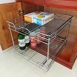 OCG Pull Out Drawer Cabinet Organizer（20" W x 18" D x 16.4" H, 2 Tier Heavy Duty Slide Out Kitchen Cabinet Storage Shelves, Sliding Drawer for Cabinet, Wire Frame, Chrome Finish