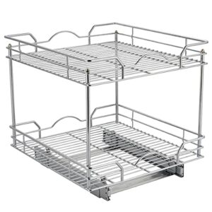 OCG Pull Out Drawer Cabinet Organizer（20" W x 18" D x 16.4" H, 2 Tier Heavy Duty Slide Out Kitchen Cabinet Storage Shelves, Sliding Drawer for Cabinet, Wire Frame, Chrome Finish