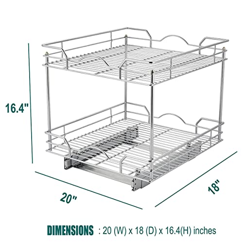 OCG Pull Out Drawer Cabinet Organizer（20" W x 18" D x 16.4" H, 2 Tier Heavy Duty Slide Out Kitchen Cabinet Storage Shelves, Sliding Drawer for Cabinet, Wire Frame, Chrome Finish