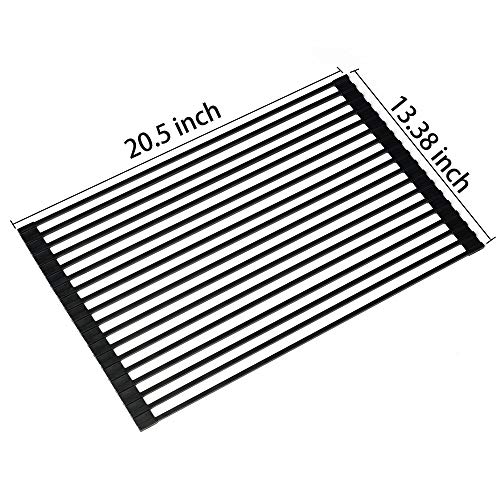 Ahyuan Large Roll up Dish Drying Rack 20.5'' Silicone Over Sink Dish Drying Rack Cubic Silicone Wrapped Steel Solid Bars Dish Racks for Kitchen Counter Sink Drying Rack (Matte Black, Large20.5"Lx13"W)