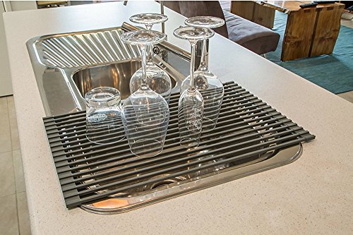 Ahyuan Large Roll up Dish Drying Rack 20.5'' Silicone Over Sink Dish Drying Rack Cubic Silicone Wrapped Steel Solid Bars Dish Racks for Kitchen Counter Sink Drying Rack (Matte Black, Large20.5"Lx13"W)