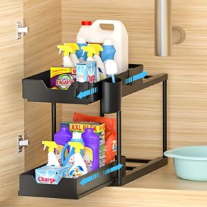 jincancan under sink organizer – double sliding under sink organizers and storage – 2 tier under cabinet organizer with 4 hooks, hanging cup, under sink storage for kitchen