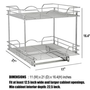 OCG 2 Tier Slide Out Cabinet Organizer 11" W x 21" D, Heavy Duty Pull Out Cabinet Shelves, Sliding Drawer for Cabinet , Chrome Plated