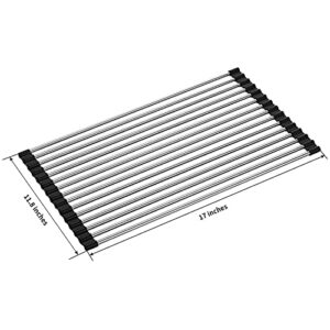 Roll up Dish Drying Rack RV Folding Over Sink 304 Stainless Steel in Kitchen Dish Drainer Heat Resistant Mat Multipurpose Portable Dish Trainer,Black,17x12inches