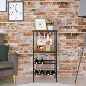 wood wine rack free standing floor, industrial wine display shelves with glass holder rack & 8 bottles holder, multifunctional wine bar cabinet for kitchen dining room pantry cellar, rustic brown