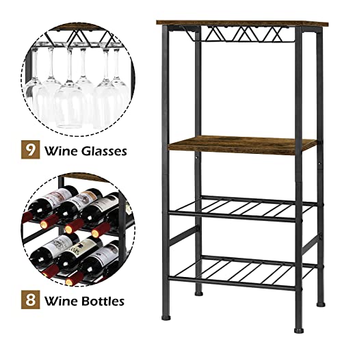 Wood Wine Rack Free Standing Floor, Industrial Wine Display Shelves with Glass Holder Rack & 8 Bottles Holder, Multifunctional Wine Bar Cabinet for Kitchen Dining Room Pantry Cellar, Rustic Brown