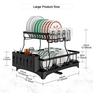 Dish Drying Rack for Kitchen Counter with Dryer Mat, 2-Tier Large Capacity Dish Racks Over The Sink and Drainboard with Drainage, Stainless Steel Anti-Rust Sink Dish Strainer with Utensils Holder