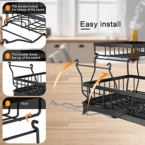 Dish Drying Rack for Kitchen Counter with Dryer Mat, 2-Tier Large Capacity Dish Racks Over The Sink and Drainboard with Drainage, Stainless Steel Anti-Rust Sink Dish Strainer with Utensils Holder