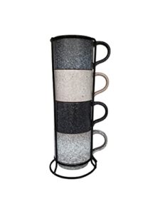 essential drinkware 14oz stackable ceramic coffee mugs with metal rack, assorted colors – set of 4 space saving durable stacking cups with speckled finish