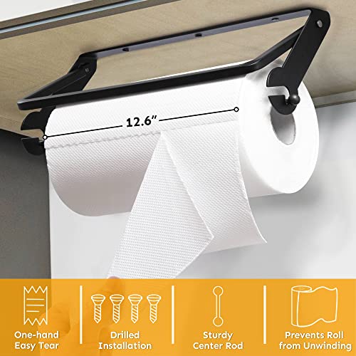 HULISEN Paper Towel Holder Under Cabinet, One Hand Tear Paper Towel Rack with Drilling, Under Counter Paper Towel Roll Holder for Kitchen, 12.6 Inch-Black