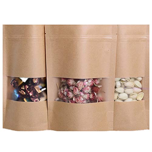 Kingrol 150 Count 4.7 x 7.8 Inch Kraft Paper Bags with Resealable Lock Seal Zipper &Transparent Window, Stand Up Food Bags