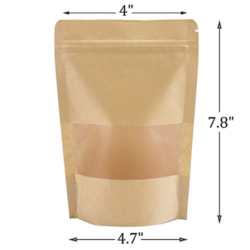 Kingrol 150 Count 4.7 x 7.8 Inch Kraft Paper Bags with Resealable Lock Seal Zipper &Transparent Window, Stand Up Food Bags