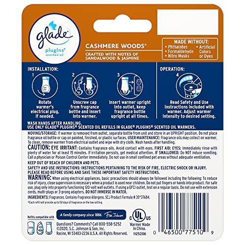 Glade PlugIns Refills Air Freshener Starter Kit, Scented Oil for Home and Bathroom, Cashmere Woods, 0.67 Fl Oz, 1 Warmer + 1 Refill