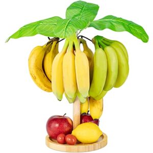 yanbgaga banana holder wood,modern banana hanger tree stand with bamboo tray for kitchen&living room&bathroom countertop,iron banana hook stand for storage fruit、earphone、keys、trinkets、etc.