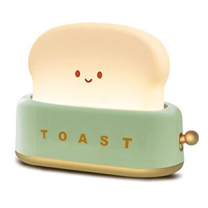 qanyi desk decor toaster lamp, rechargeable small lamp with smile face toast bread cute toaster shape room decor night light for bedroom, bedside, living room, dining, desk decorations, gift (green)