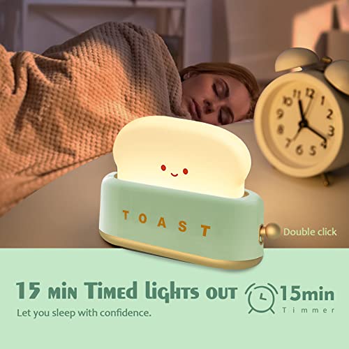 QANYI Desk Decor Toaster Lamp, Rechargeable Small Lamp with Smile Face Toast Bread Cute Toaster Shape Room Decor Night Light for Bedroom, Bedside, Living Room, Dining, Desk Decorations, Gift (Green)