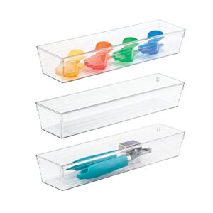 mdesign plastic kitchen cabinet drawer organizer tray – storage bin for cutlery, serving spoons, cooking utensils, gadgets – bpa free, food safe, 12″ long, 3 pack – clear