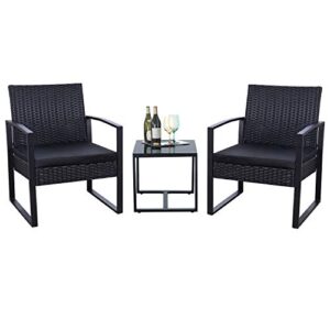 flamaker 3 pieces patio set outdoor wicker patio furniture sets modern bistro set rattan chair conversation sets with coffee table for yard and bistro (black)