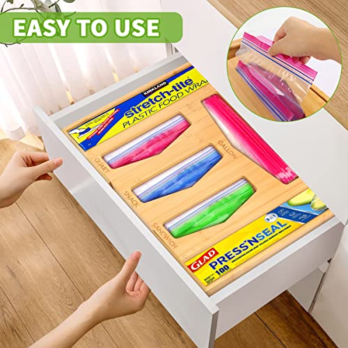 Ziplock Bag Storage Organizer for Kitchen Drawer, Expandable Bamboo Baggie Organizer, Plastic Food Bag Holders and Dispenser, Compatible with Gallon, Quart, Sandwich & Snack Size Bag, 12'' Aluminum Foil and Plastic Wrap