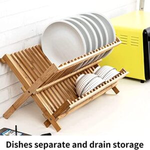 Senich Foldable Bamboo Dish Drying Rack with Utensil Holder, 2-Tier Bamboo Cutlery Plate Rack for Countertop, Wooden Plate Rack, 100% Natural Bamboo, Suitable for Kitchen Counter