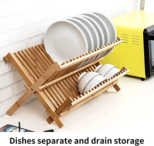 Senich Foldable Bamboo Dish Drying Rack with Utensil Holder, 2-Tier Bamboo Cutlery Plate Rack for Countertop, Wooden Plate Rack, 100% Natural Bamboo, Suitable for Kitchen Counter