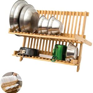 Senich Foldable Bamboo Dish Drying Rack with Utensil Holder, 2-Tier Bamboo Cutlery Plate Rack for Countertop, Wooden Plate Rack, 100% Natural Bamboo, Suitable for Kitchen Counter