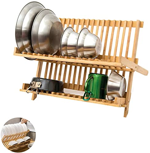 Senich Foldable Bamboo Dish Drying Rack with Utensil Holder, 2-Tier Bamboo Cutlery Plate Rack for Countertop, Wooden Plate Rack, 100% Natural Bamboo, Suitable for Kitchen Counter