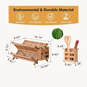 Senich Foldable Bamboo Dish Drying Rack with Utensil Holder, 2-Tier Bamboo Cutlery Plate Rack for Countertop, Wooden Plate Rack, 100% Natural Bamboo, Suitable for Kitchen Counter