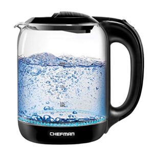 chefman 1.7 liter electric glass tea kettle, fast hot water boiler, one touch operation, boils 7 cups, swivel base & cordless pouring, auto shut-off