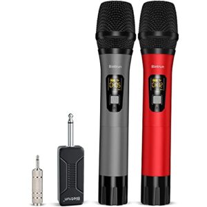 wireless microphone, bietrun uhf metal dual handheld cordless dynamic mic system with rechargeable receiver, 1/4‘’output, for karaoke, church, speech, wedding, party singing(160 ft range)-auto connect