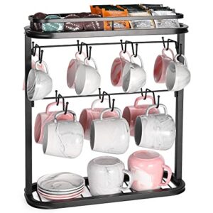 coffee mug holder, 2 tier mug tree metal double-side mug holder for holds at least 14 mugs, counter coffee cup holder organizer with storage shelves for coffee mug cups, black(mugs not include)