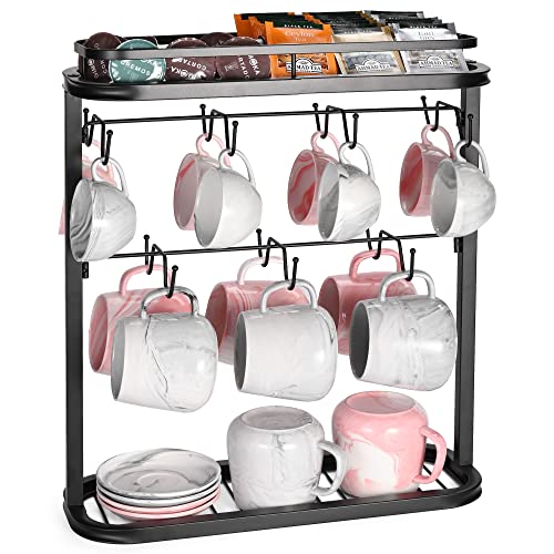 Coffee Mug Holder, 2 Tier Mug Tree Metal Double-Side Mug Holder for Holds At Least 14 Mugs, Counter Coffee Cup Holder Organizer with Storage Shelves for Coffee Mug Cups, Black(Mugs Not Include)