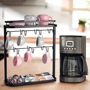 Coffee Mug Holder, 2 Tier Mug Tree Metal Double-Side Mug Holder for Holds At Least 14 Mugs, Counter Coffee Cup Holder Organizer with Storage Shelves for Coffee Mug Cups, Black(Mugs Not Include)