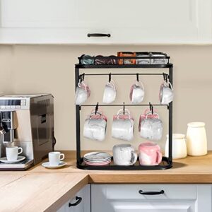 Coffee Mug Holder, 2 Tier Mug Tree Metal Double-Side Mug Holder for Holds At Least 14 Mugs, Counter Coffee Cup Holder Organizer with Storage Shelves for Coffee Mug Cups, Black(Mugs Not Include)