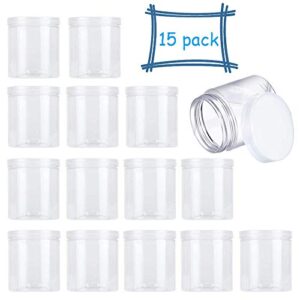 15 pack 6oz clear plastic jars wide-mouth storage containers,refillable empty containers for dry food,dried fruit,seasoning and honey storage