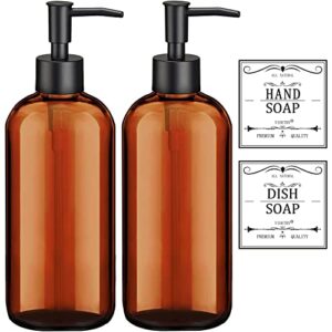 amber soap dispenser with rust proof pump, waterproof labels (2 pack,16 oz), soap dispenser bathroom, plastic hand soap dispenser dish soap dispenser for kitchen, premium thick soap pump bottles