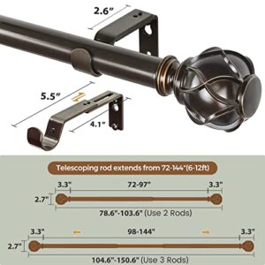 KAMANINA 1 Inch Curtain Rod Telescoping Single Drapery Rod 72 to 144 Inches (6-12 Feet), Netted Texture Finials, Antique Bronze