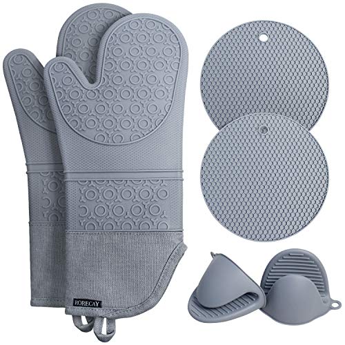 Rorecay Extra Long Oven Mitts and Pot Holders Sets: Heat Resistant Silicone Oven Mittens with Mini Oven Gloves and Hot Pads Potholders for Kitchen Baking Cooking, Quilted Liner, Gray, Pack of 6