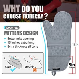 Rorecay Extra Long Oven Mitts and Pot Holders Sets: Heat Resistant Silicone Oven Mittens with Mini Oven Gloves and Hot Pads Potholders for Kitchen Baking Cooking, Quilted Liner, Gray, Pack of 6