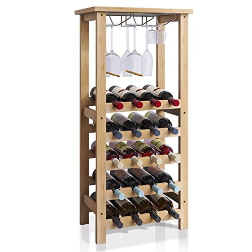 SMIBUY Wine Rack with Glass Holder & Table Top, 20 Bottles Storage, Floor Free Standing Bamboo Display Shelves for Home, Kitchen, Pantry, Cellar, Bar (Natural )