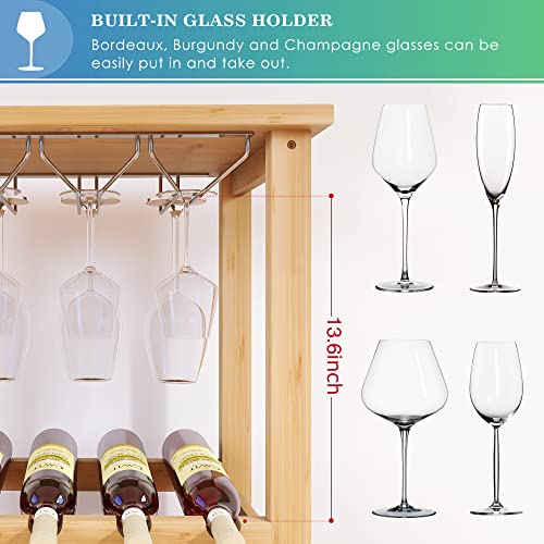 SMIBUY Wine Rack with Glass Holder & Table Top, 20 Bottles Storage, Floor Free Standing Bamboo Display Shelves for Home, Kitchen, Pantry, Cellar, Bar (Natural )