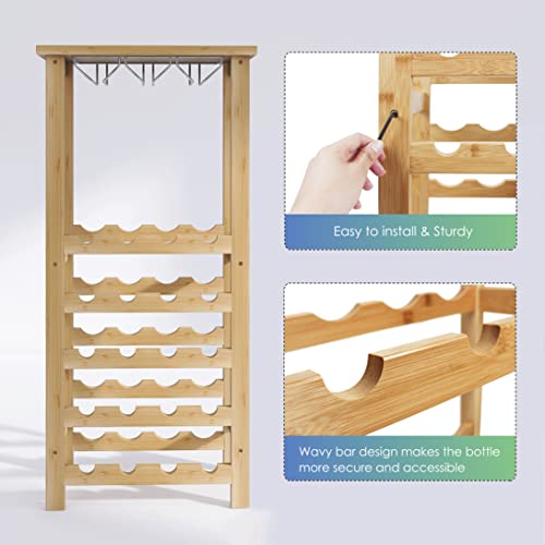 SMIBUY Wine Rack with Glass Holder & Table Top, 20 Bottles Storage, Floor Free Standing Bamboo Display Shelves for Home, Kitchen, Pantry, Cellar, Bar (Natural )