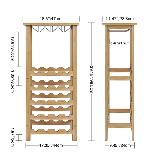 SMIBUY Wine Rack with Glass Holder & Table Top, 20 Bottles Storage, Floor Free Standing Bamboo Display Shelves for Home, Kitchen, Pantry, Cellar, Bar (Natural )