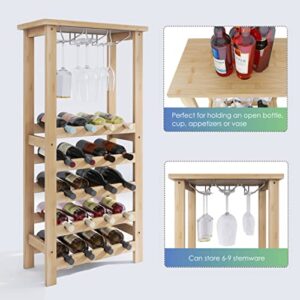 SMIBUY Wine Rack with Glass Holder & Table Top, 20 Bottles Storage, Floor Free Standing Bamboo Display Shelves for Home, Kitchen, Pantry, Cellar, Bar (Natural )