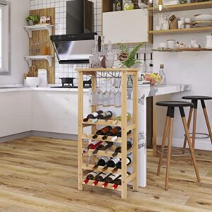 SMIBUY Wine Rack with Glass Holder & Table Top, 20 Bottles Storage, Floor Free Standing Bamboo Display Shelves for Home, Kitchen, Pantry, Cellar, Bar (Natural )