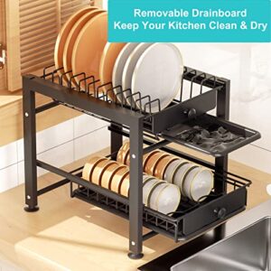 2 Tier Dish Drying Rack for Kitchen Counter, LUNASEA Dish Rack with Drainboard, Black Dish Drainer Set with Anti-Slip Suction Cups, Large Capacity Dish Strainers for Kitchen Countertop Saving Space