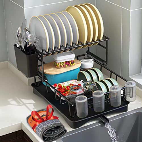 PINNIYOU Dish Drying Rack with Drainboard Set, 2 Tier Large Dish Racks with Drainage, Wine Glass Holder, Utensil Holder, Dish Drainers for Kitchen Counter (Black)