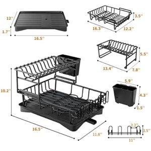 PINNIYOU Dish Drying Rack with Drainboard Set, 2 Tier Large Dish Racks with Drainage, Wine Glass Holder, Utensil Holder, Dish Drainers for Kitchen Counter (Black)