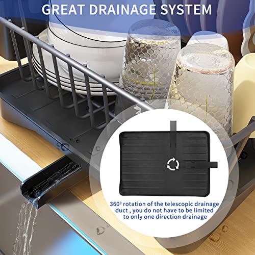 PINNIYOU Dish Drying Rack with Drainboard Set, 2 Tier Large Dish Racks with Drainage, Wine Glass Holder, Utensil Holder, Dish Drainers for Kitchen Counter (Black)